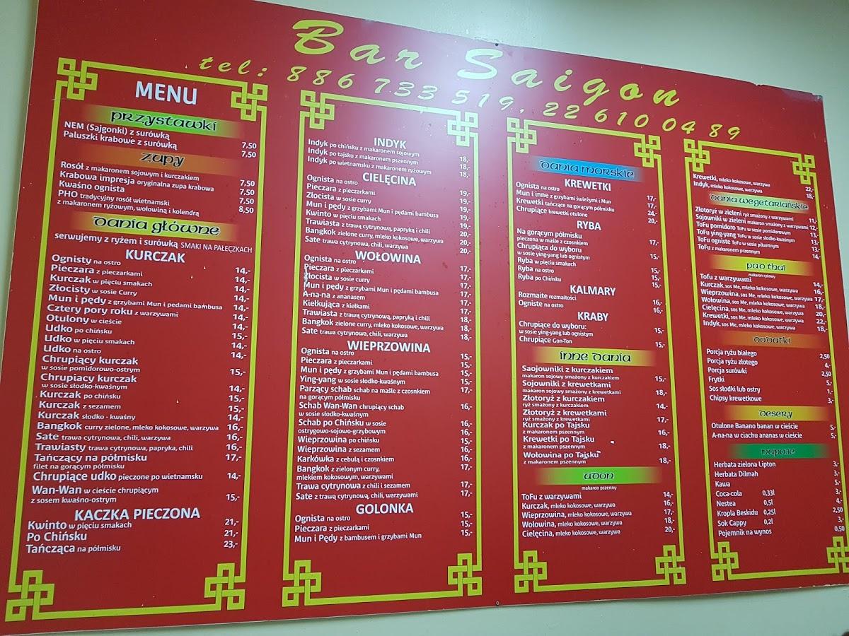Menu at Bar Sajgon, Warsaw, Panny Wodnej 46/48