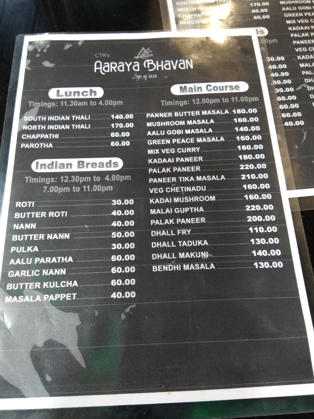 Menu at CTR's AARAYA BHAVAN, India