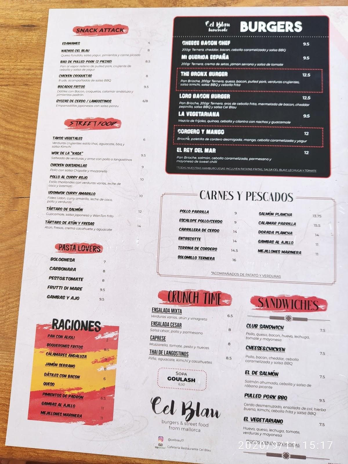Menu at Cafeteria Restaurant Cel Blau, Palma