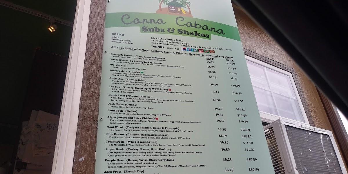 Carta del restaurante Canna Cabana Subs & Shakes, Lacey
