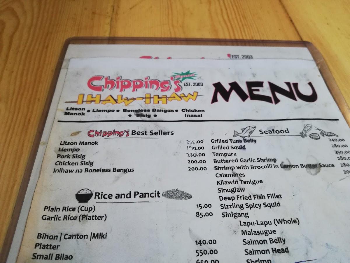 Menu at Chipping's Sisig Express restaurant, Calapan