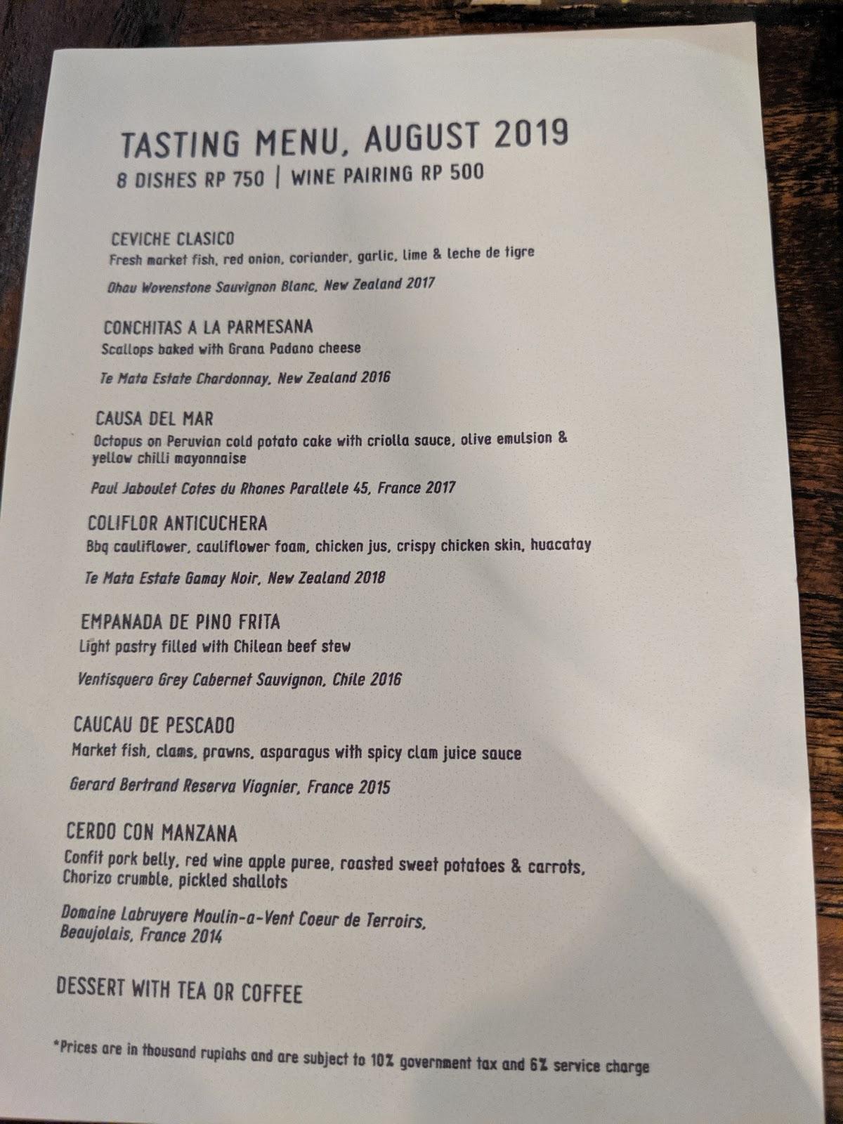 Menu at Pica South American Kitchen restaurant, Ubud