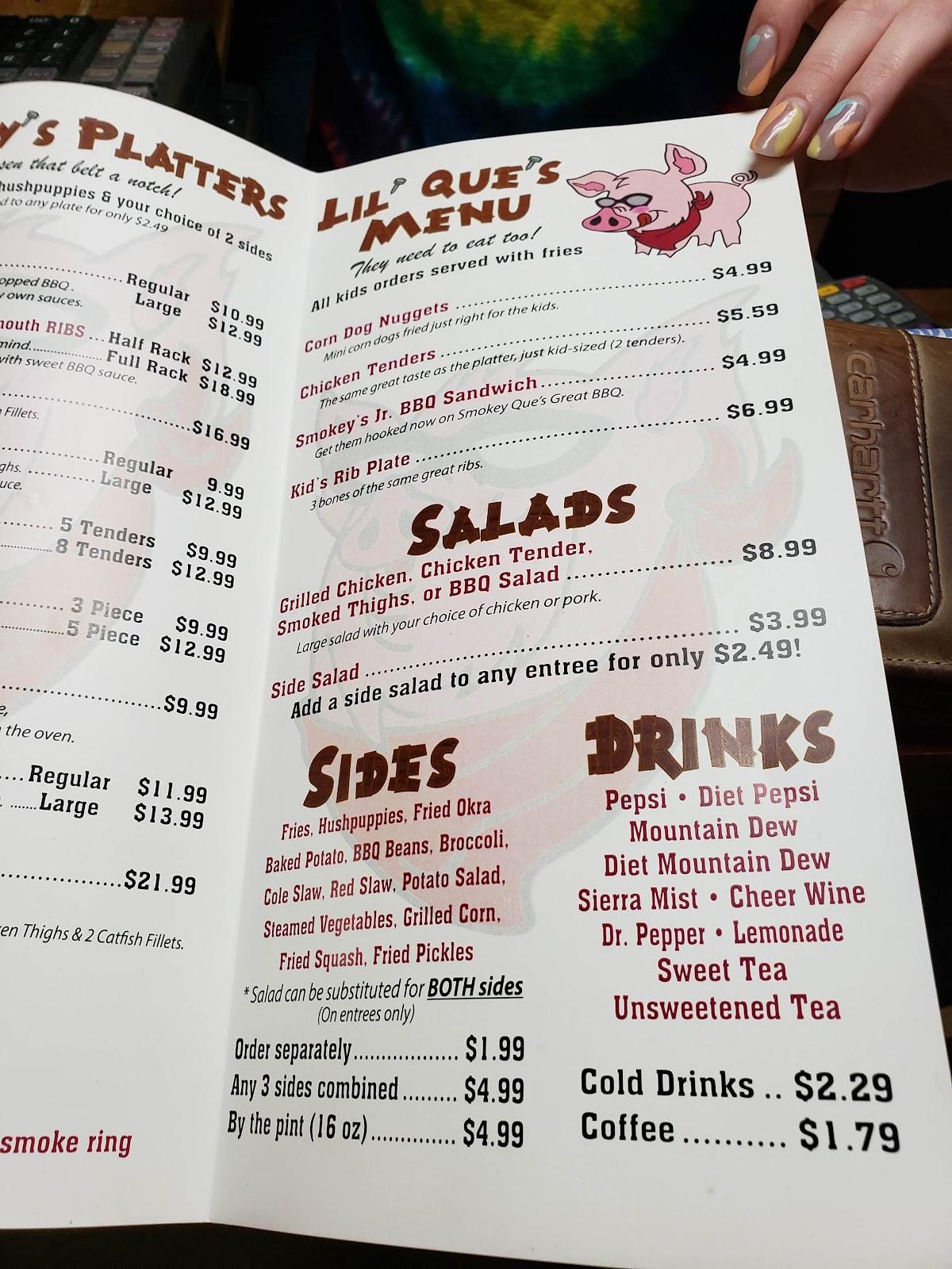 Menu at Smokey Que's BBQ, Marion