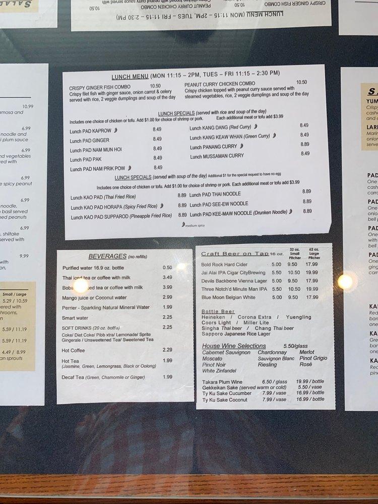 Menu at TY Thai Cuisine restaurant, Lynchburg