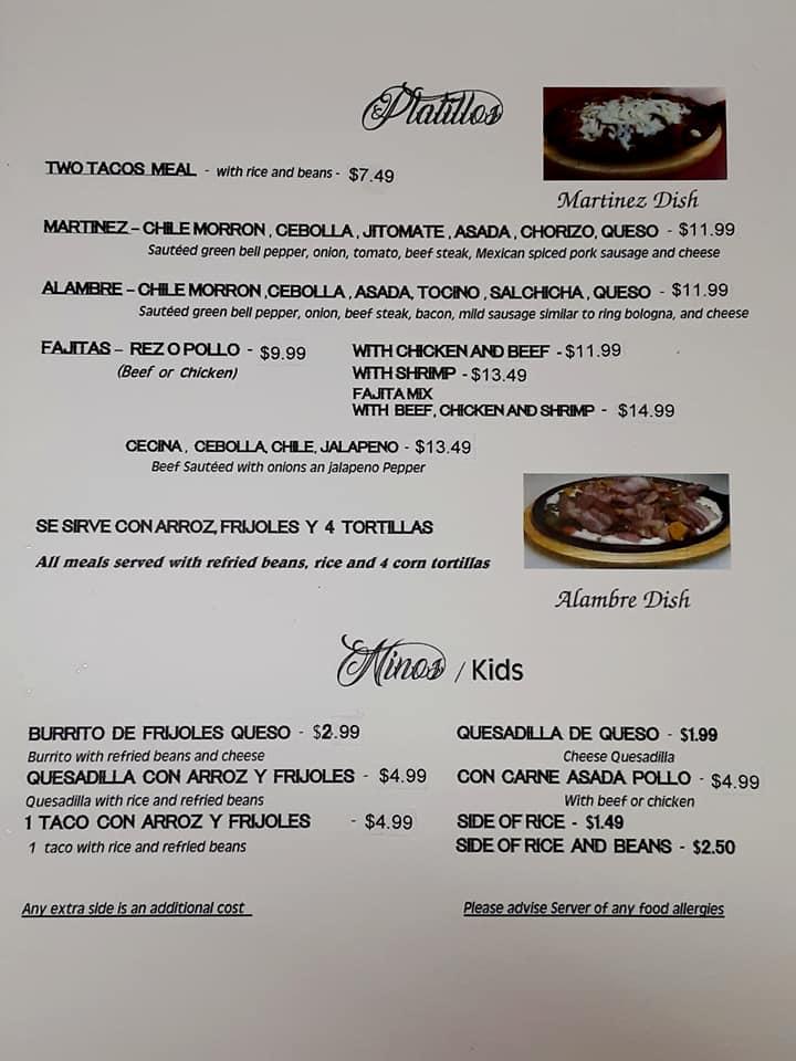 Menu at Tacos Martinez restaurant, Monroe