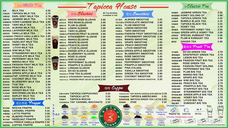 Menu at Tapioca House restaurant, Austin