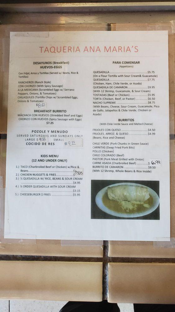 Menu at Taqueria Anna Maria's restaurant, Farmersville, 551 Farmersville Rd