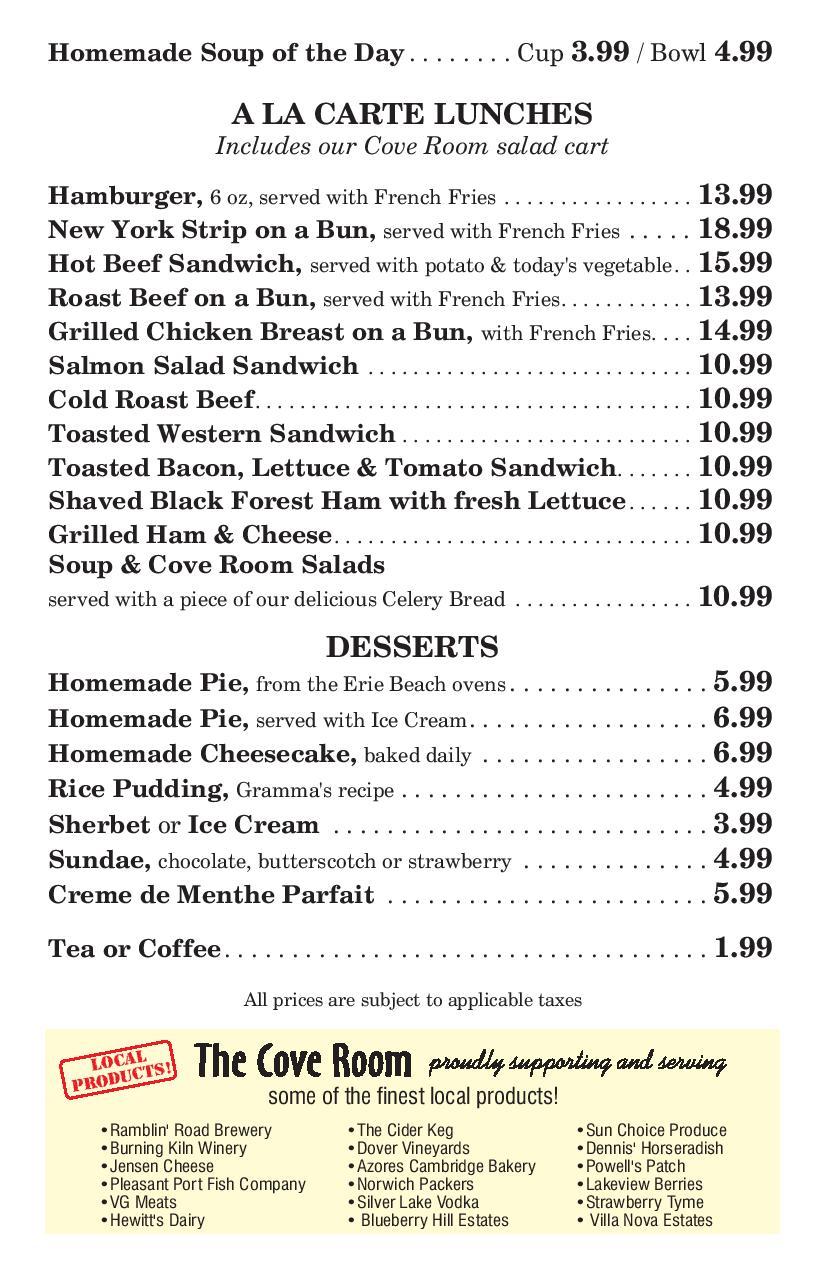 Menu at The Cove Room restaurant, Port Dover