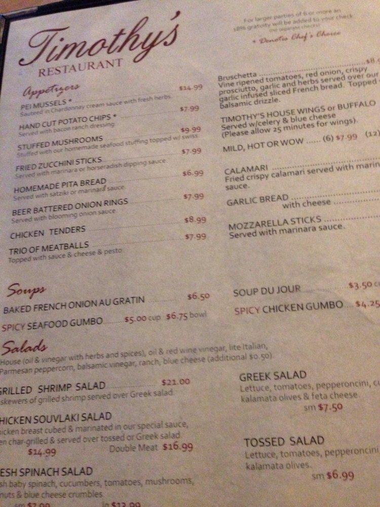 Menu at Timothy's Restaurant & Pizzeria, Lee