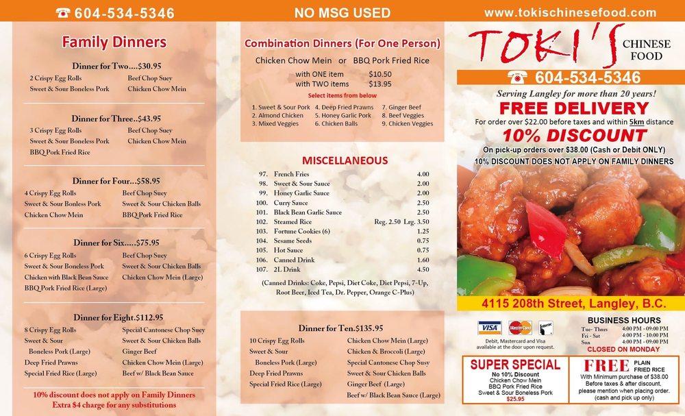 Menu at Toki's Chinese Food restaurant, Langley Township