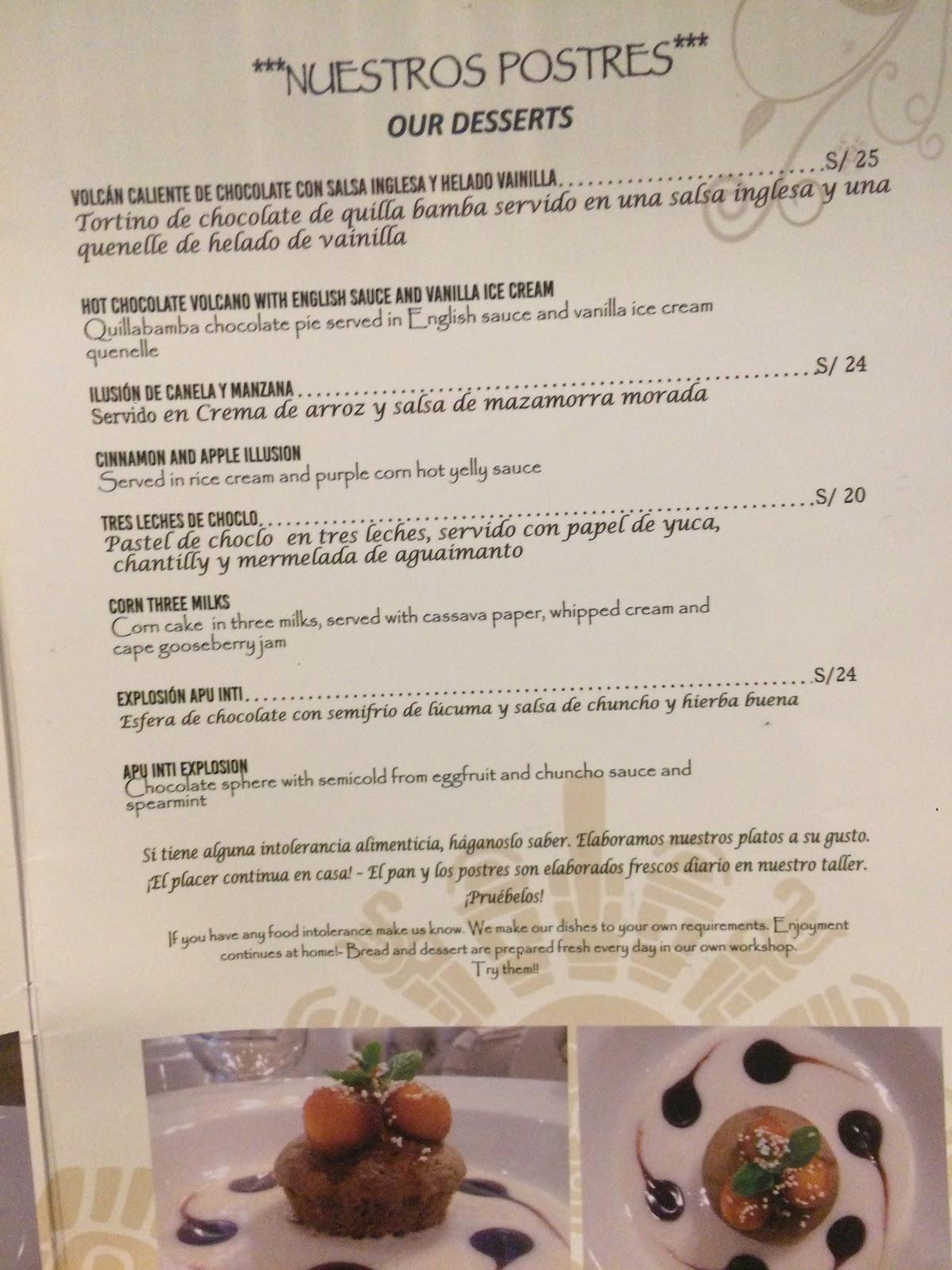 Menu at Apu Inti Restaurante, Aguas Calientes