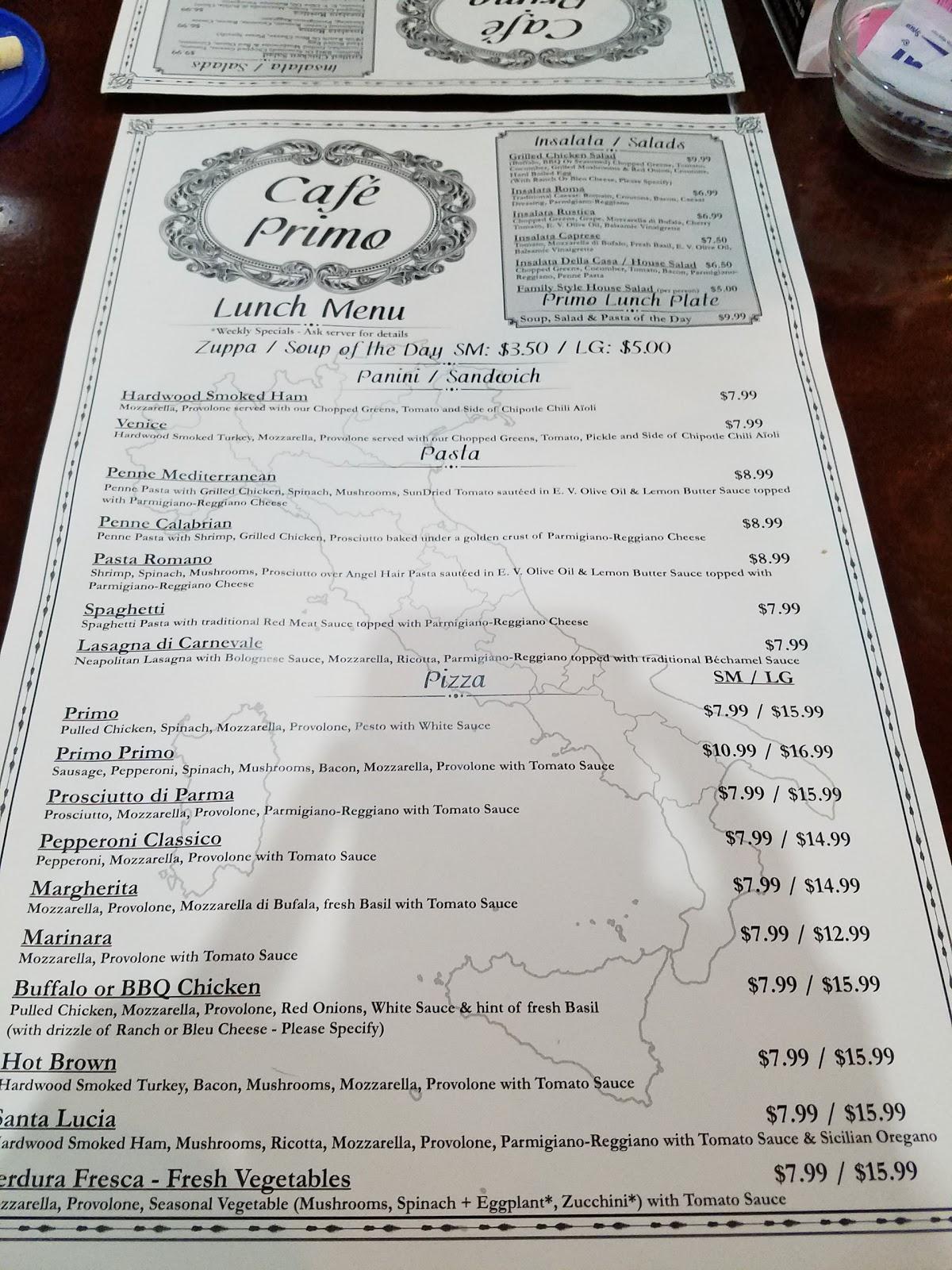 Menu at Cafe Primo, Bardstown