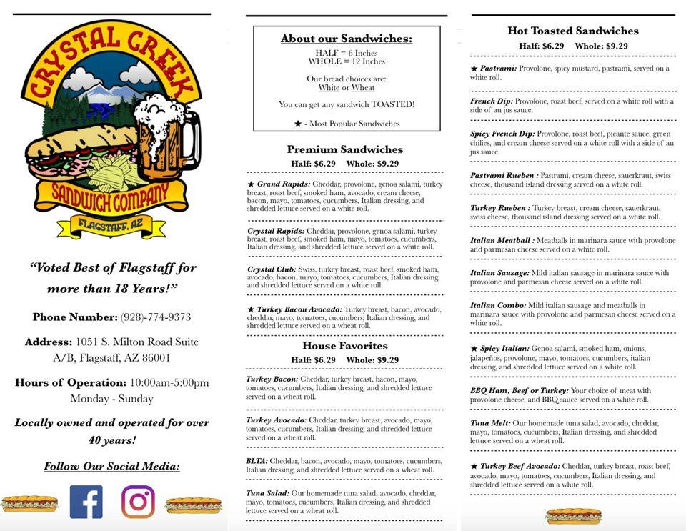 Menu at Crystal Creek Sandwich Co restaurant, Flagstaff