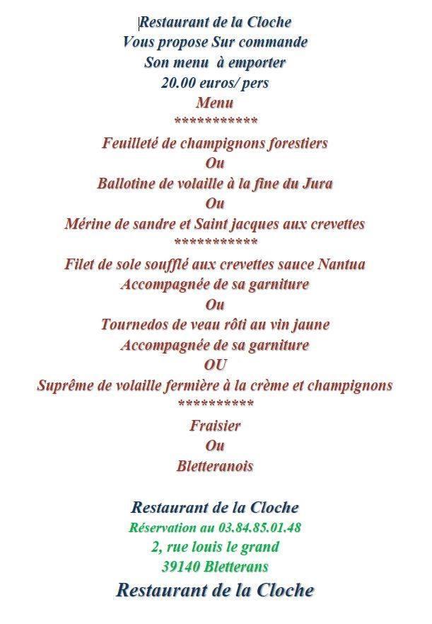 Menu au restaurant de la cloche, Bletterans