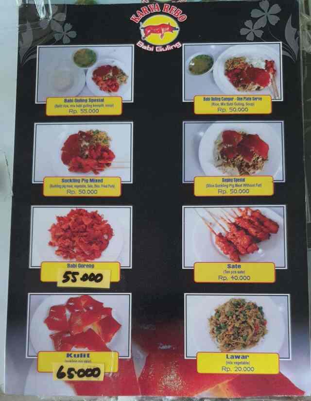 Menu at Rumah Makan Babi Guling Karya Rebo restaurant, Jimbaran, Jl ...