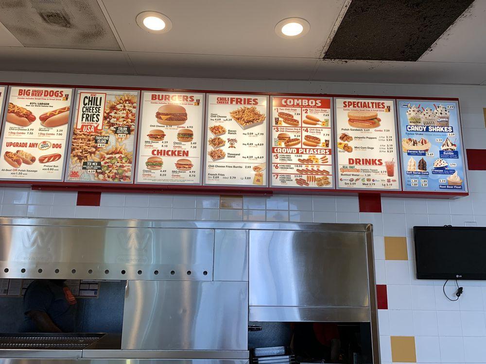 Menu at Wienerschnitzel fast food, Tracy, S Schulte Rd