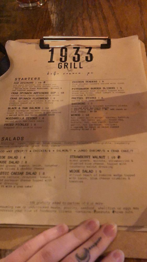 Menu at 1933 Grill pub & bar, Belle Vernon