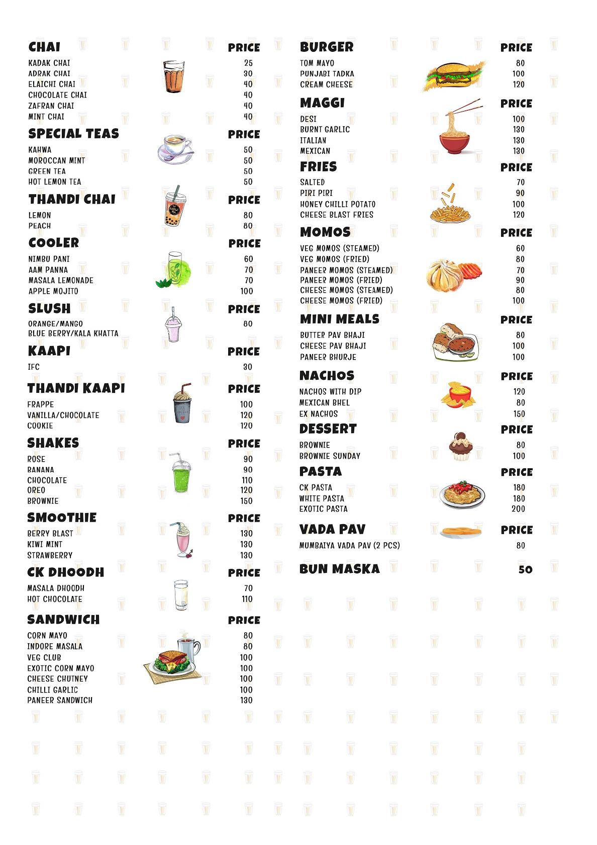 Menu at Chai Kaapi Fundore, Indore