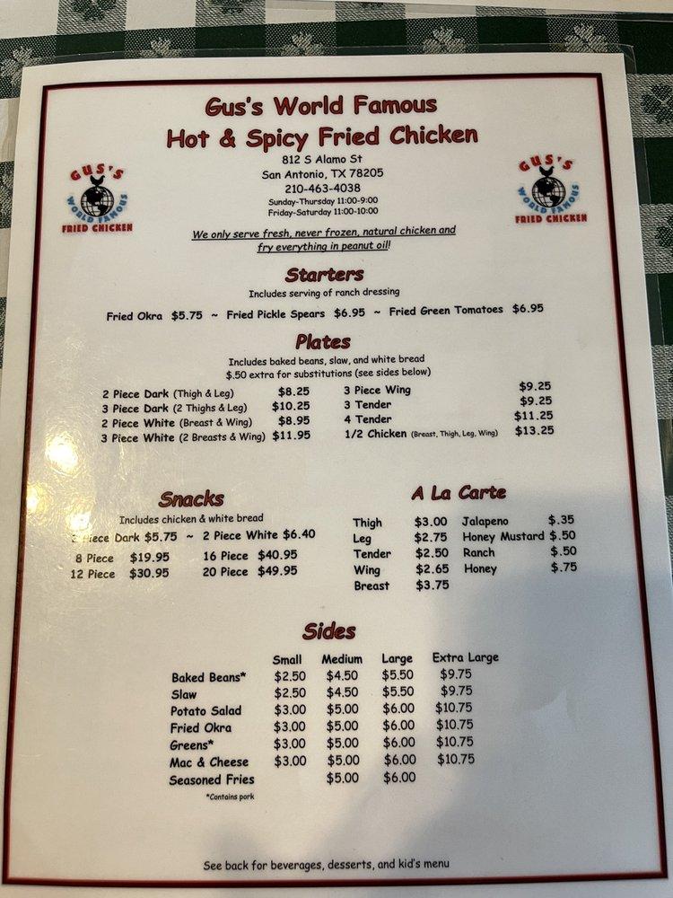 Carta del restaurante Gus’s World Famous Fried Chicken, San Antonio