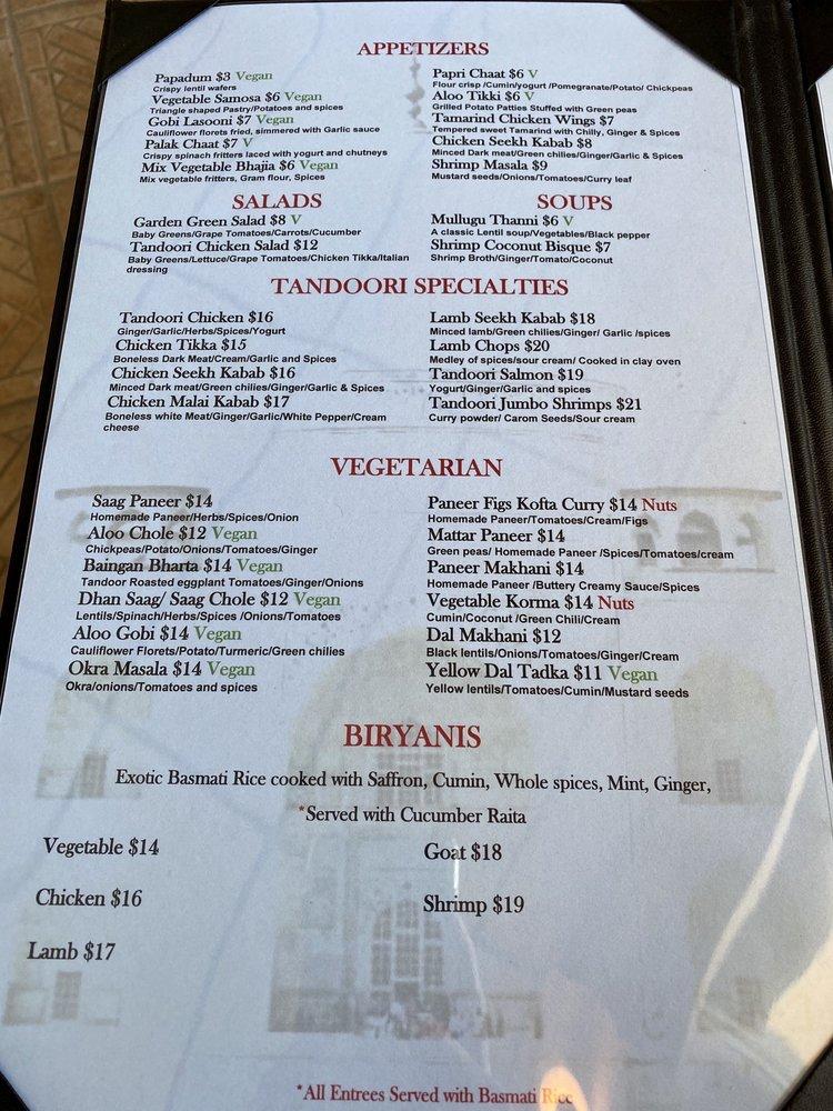 Menu at Taj Of India restaurant, Alexandria