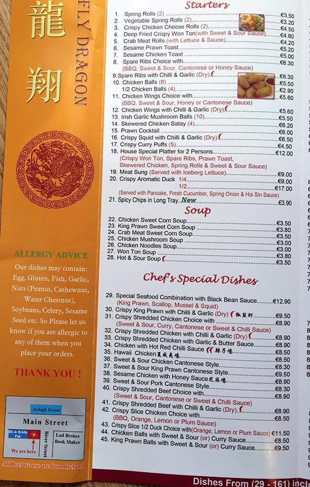 Menu at Fly Dragon Chinese Killenaule Takeaway Thurles restaurant, Ireland