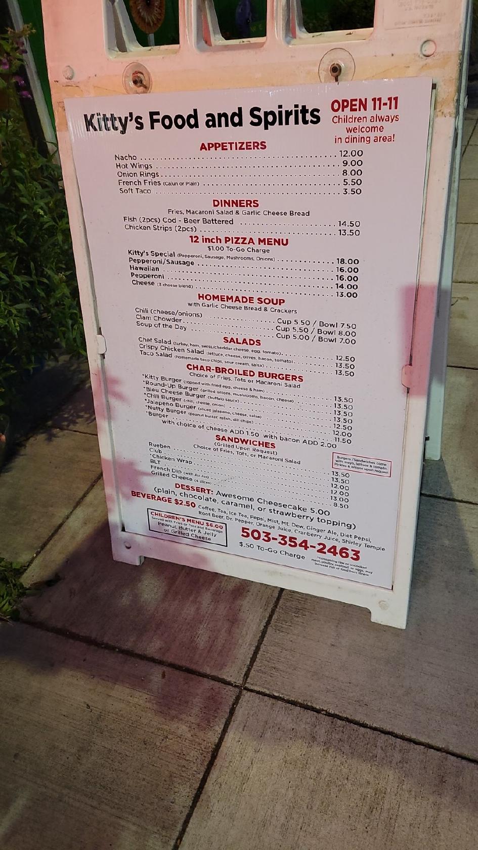 Menu at Kitty's Food and Spirits pub & bar, Tillamook