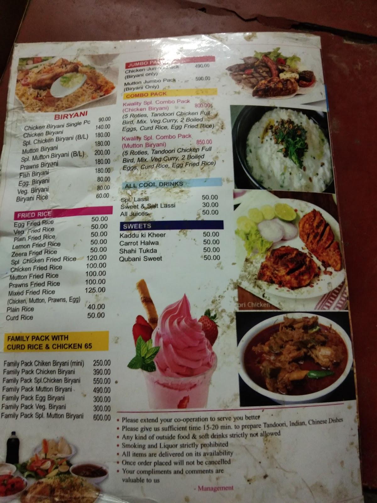 Menu at Kwality Dhaba, Karimnagar