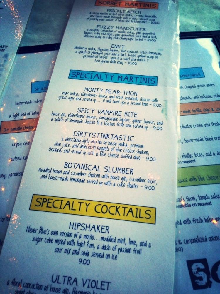Menu at Never Blue restaurant, Hendersonville