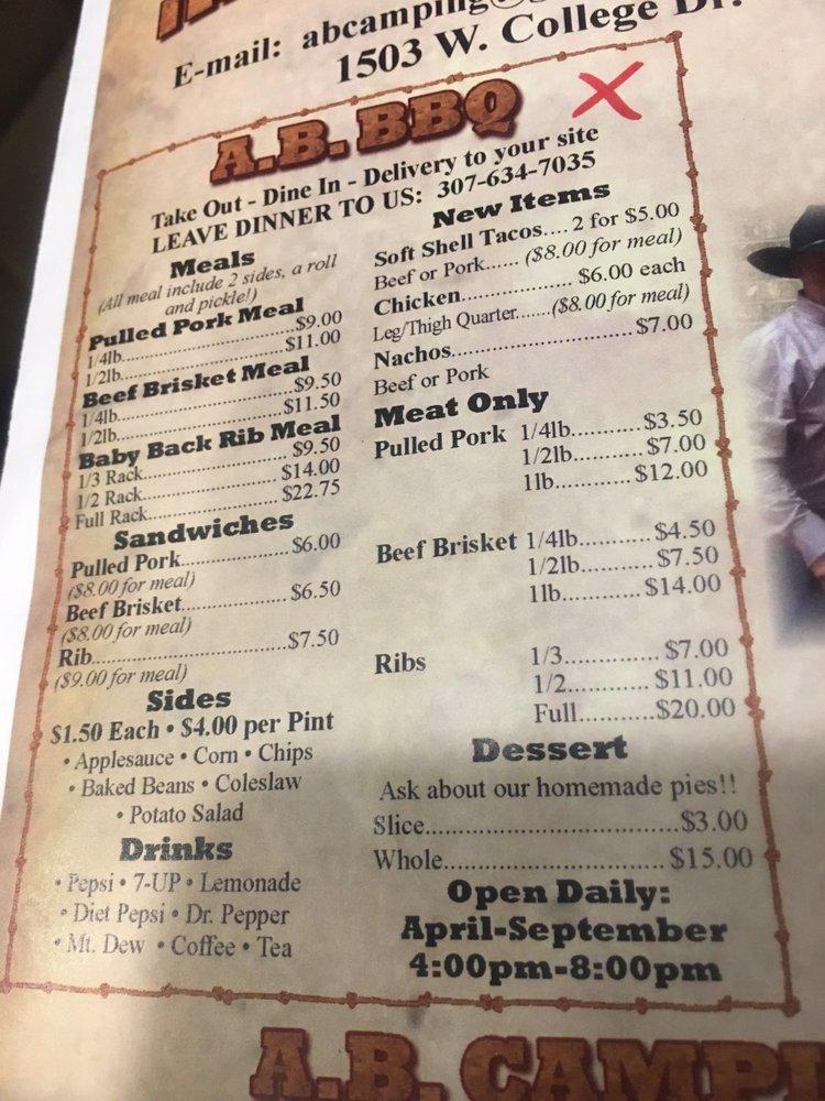 Menu at AB BBQ, Cheyenne