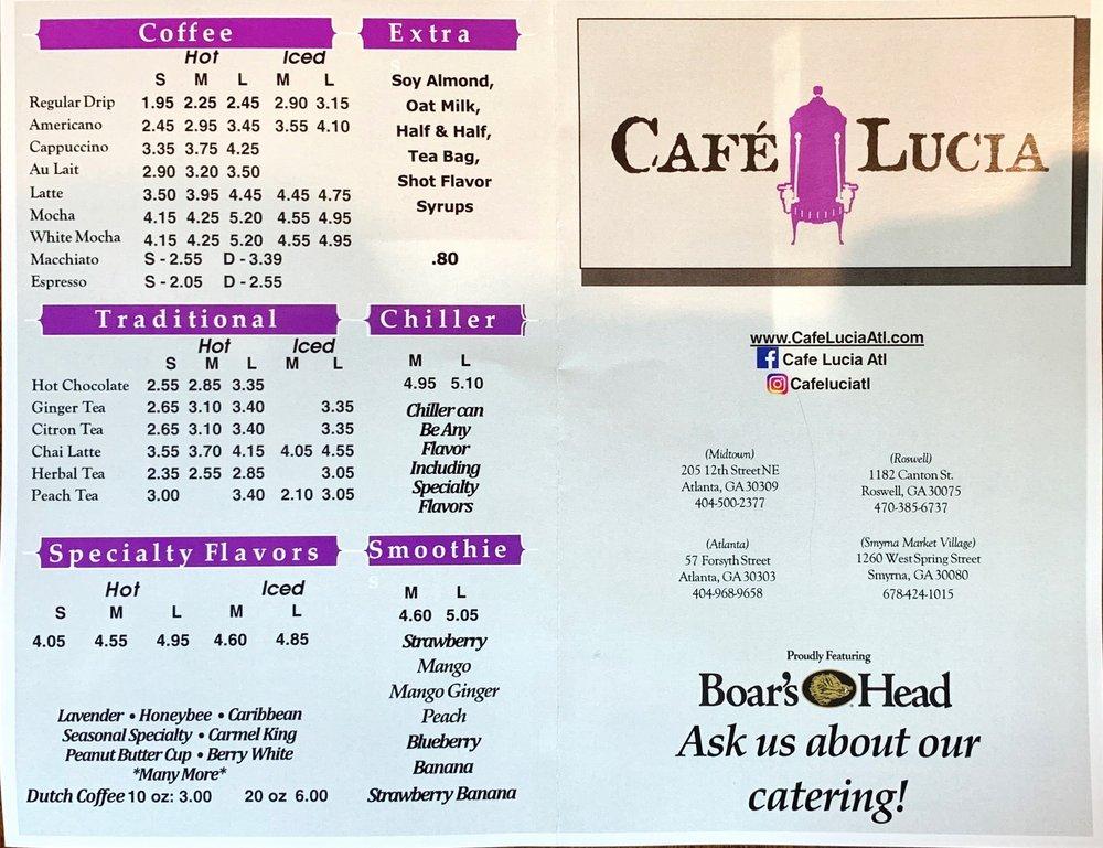 Menu at Cafe Lucia, Roswell