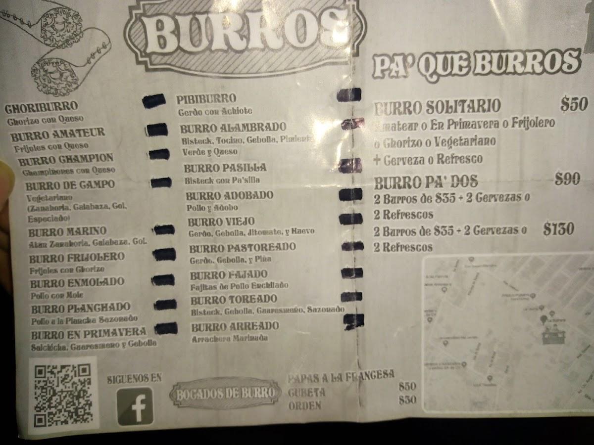 Menu at La Burra restaurant, Ecatepec de Morelos