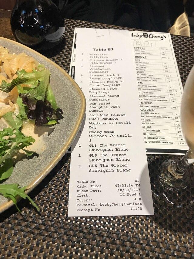 Menu at Lucky Cheng's restaurant, Bankstown