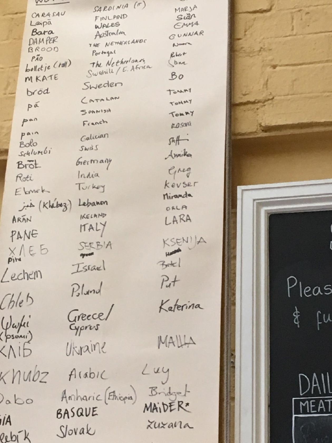 Menu at Mark's Bread cafe, Bristol
