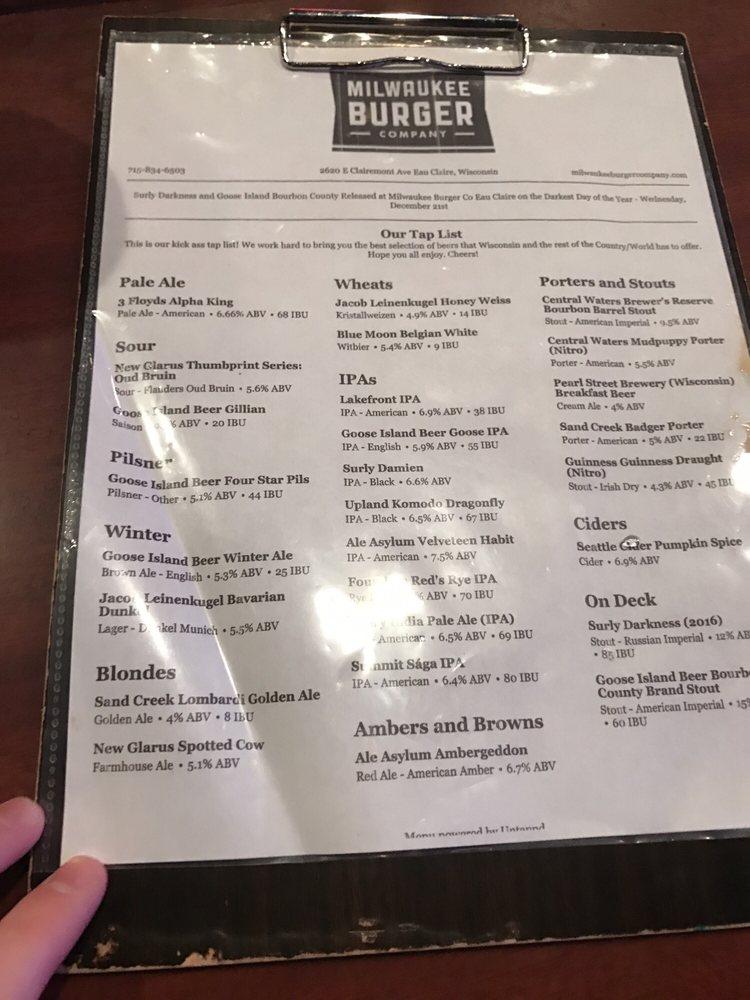 Menu at Milwaukee Burger Company - Eau Claire pub & bar, Eau Claire