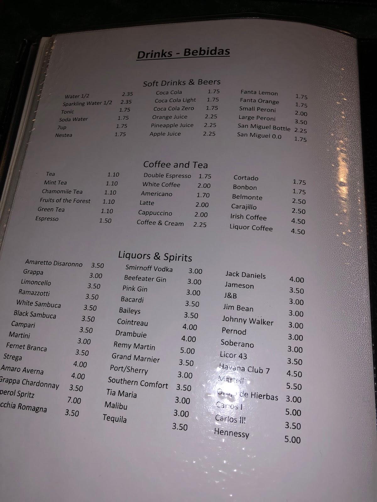 Menu at O Sole Mio restaurant, Dehesa de Campoamor