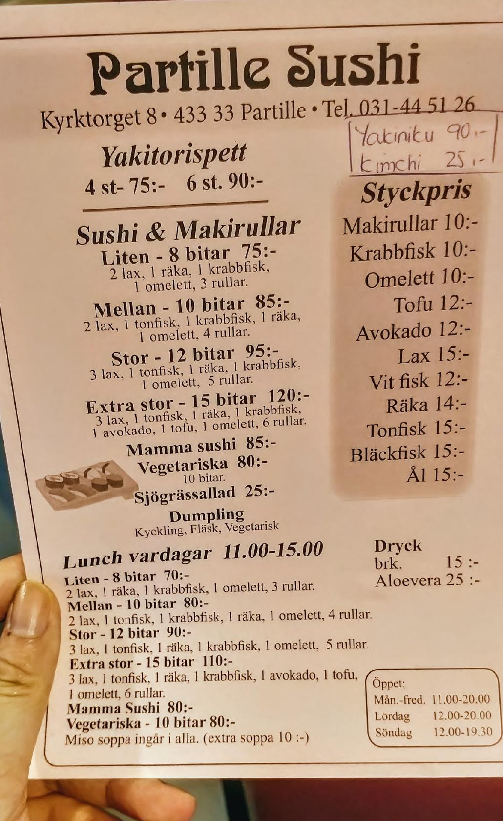 Menu at Partille Sushi restaurant, Partille