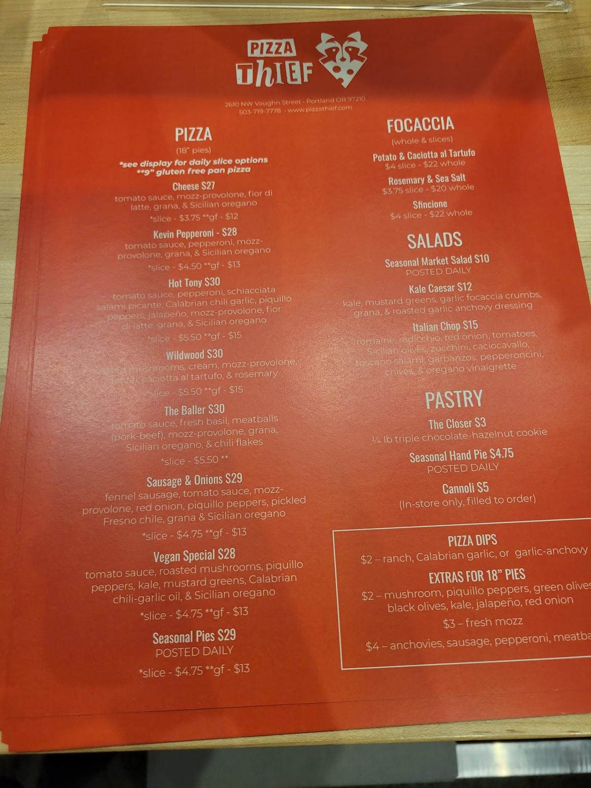 Menu at Pizza Thief pizzeria, Portland