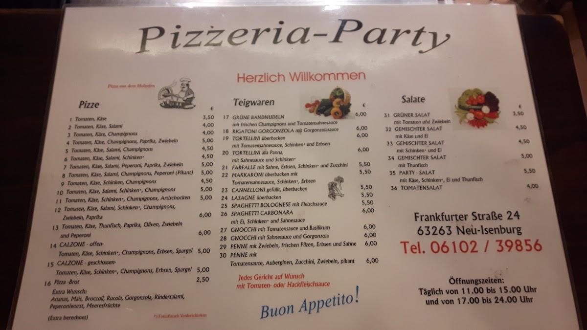 Menu at Pizzeria Party, Neu-Isenburg
