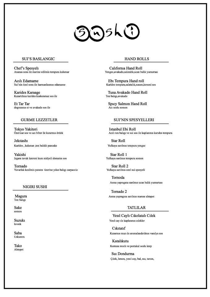 Menu at Sushi Sui, Istanbul