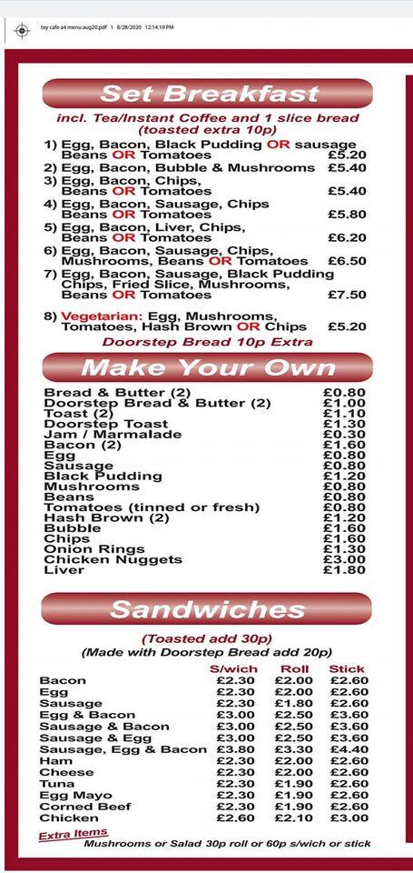 Menu at Tey Cafe, Upminster