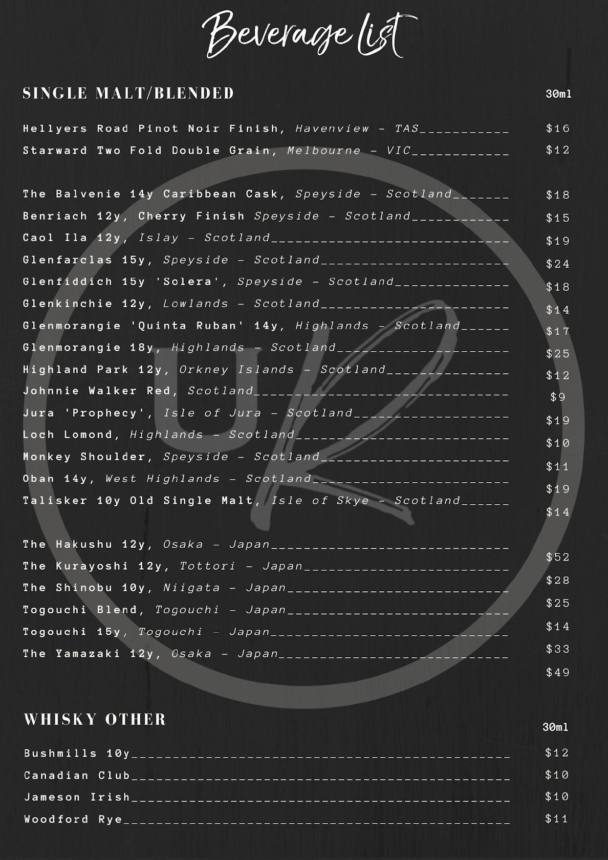 Menu at Urban Reserve pub & bar, Berwick