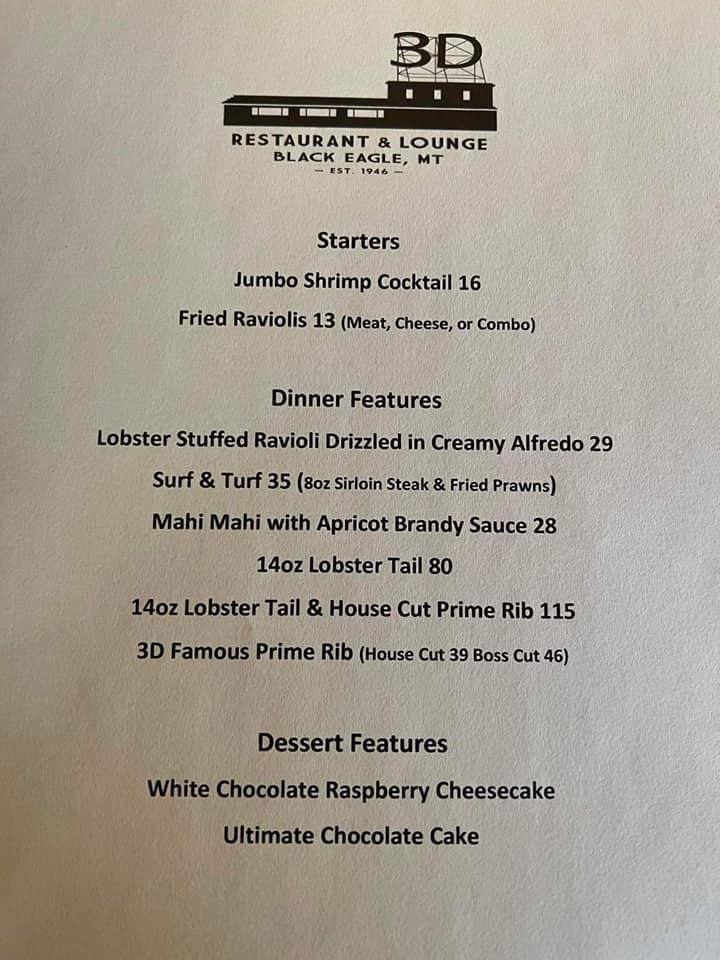 Menu at 3-D International Restaurant & Lounge, Black Eagle