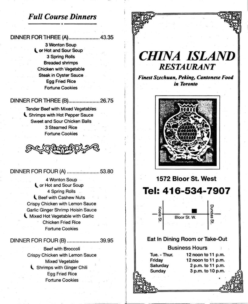 Menu at China Island restaurant, Toronto