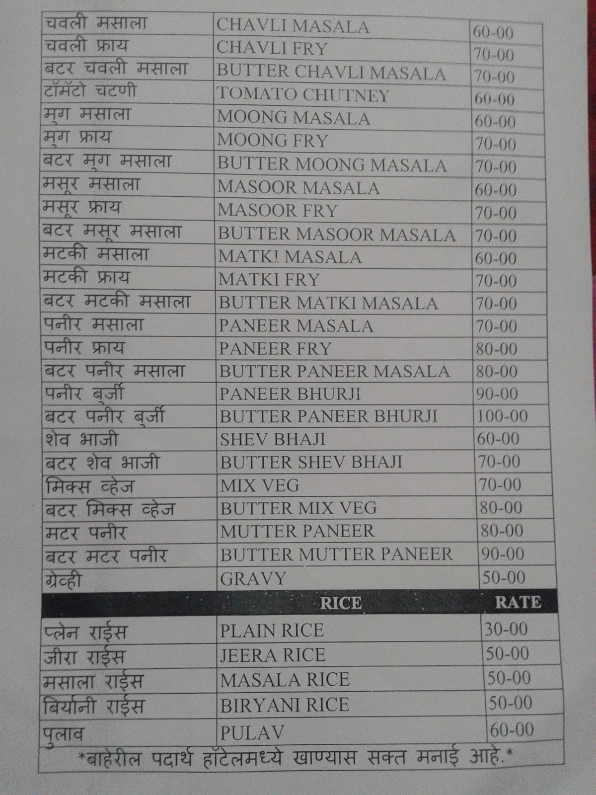 Menu at Hotel Poornima, Pune, Nagar Rd
