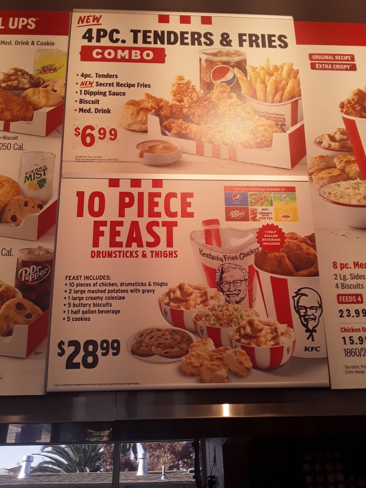 Menu at KFC fast food, Oroville