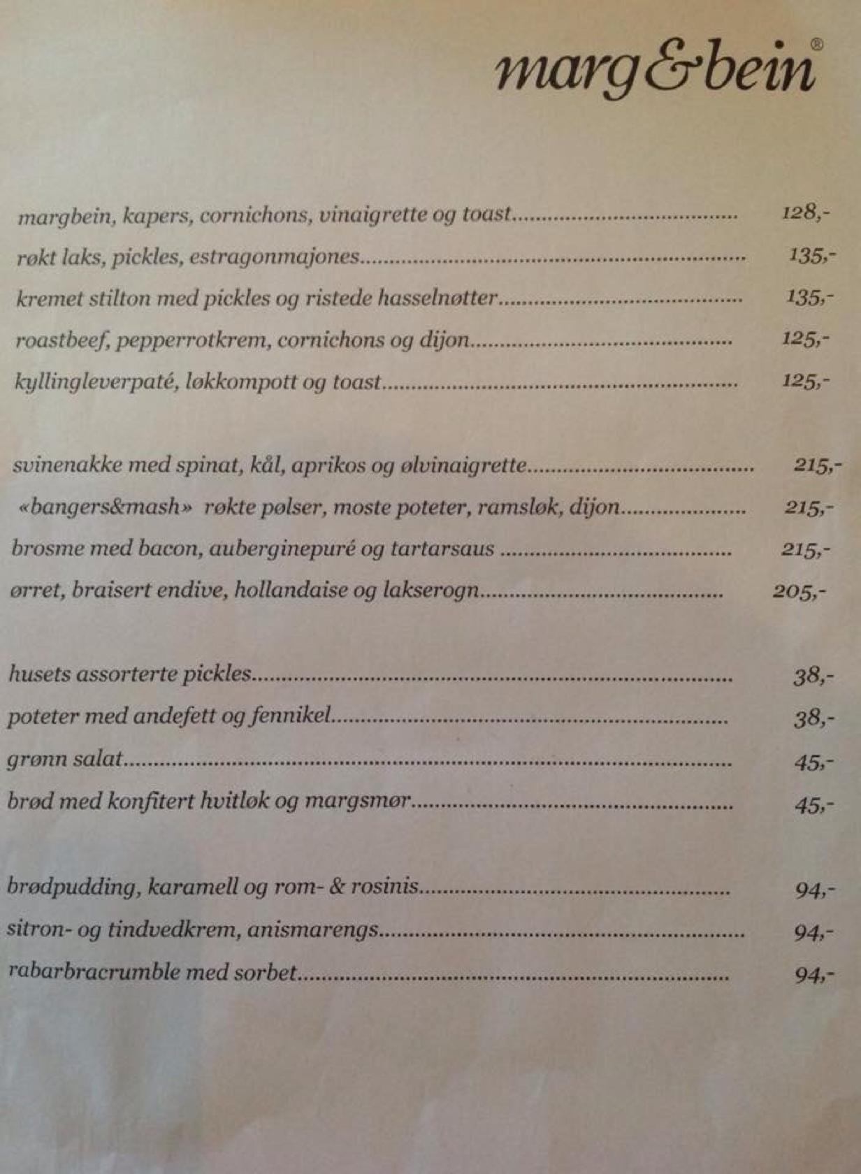 Menu at Marg & Bein restaurant, Bergen