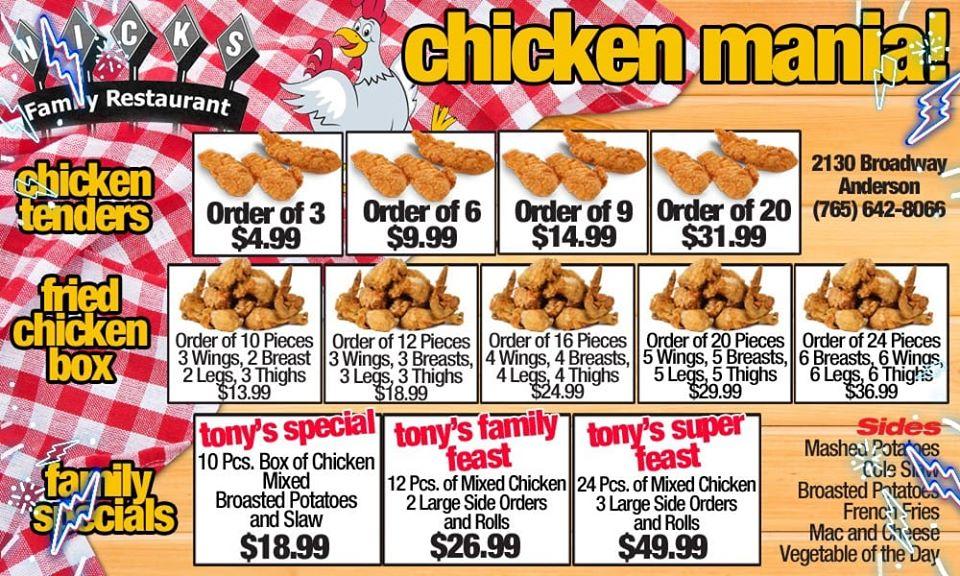 Menu at Nick's Restaurant, Anderson