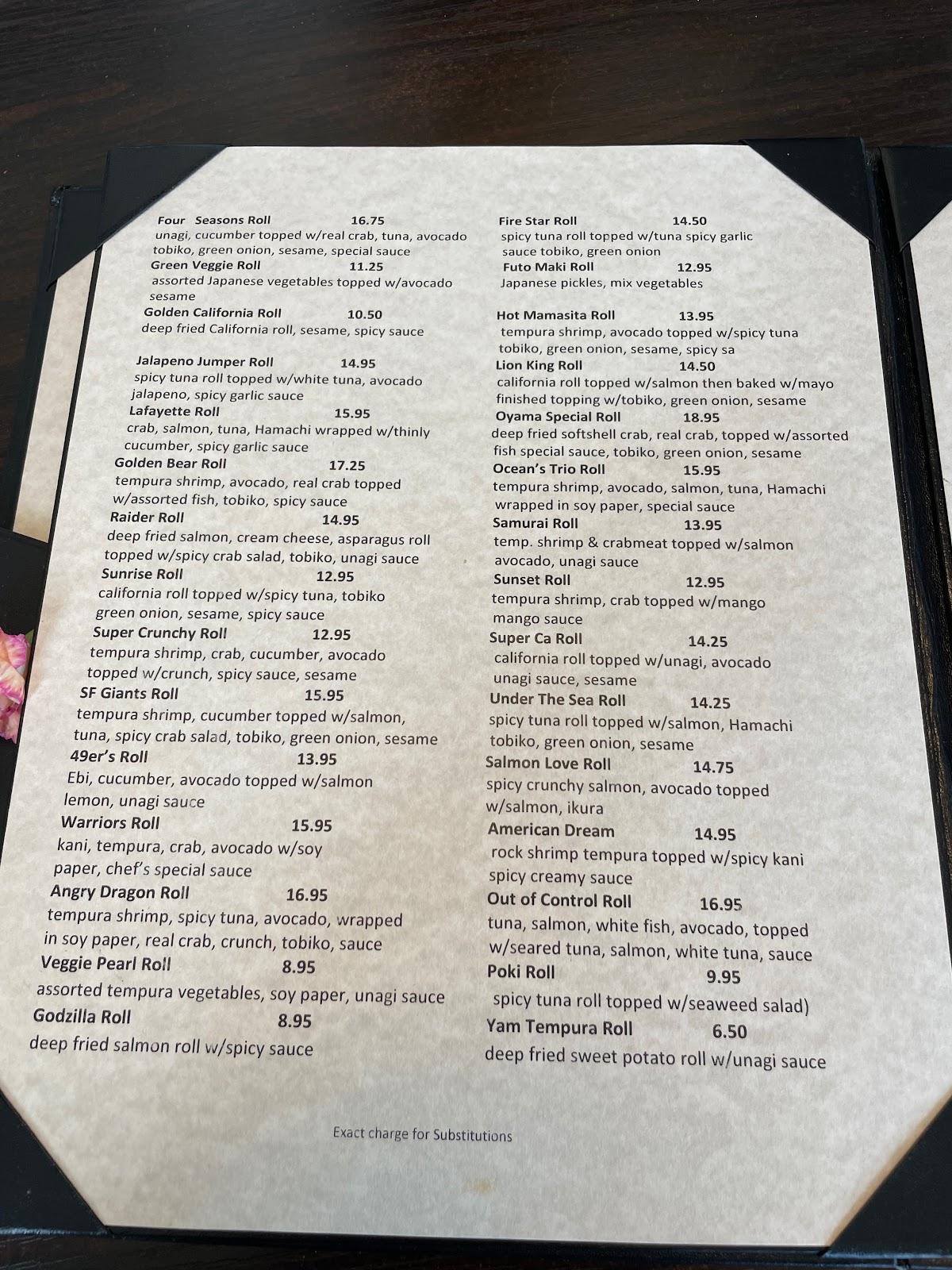 Menu at Oyama Sushi restaurant, Petaluma