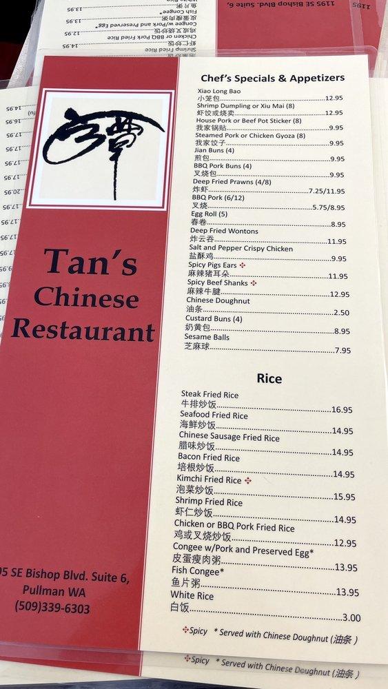 Menu at Tan's Chinese Restaurant, Pullman