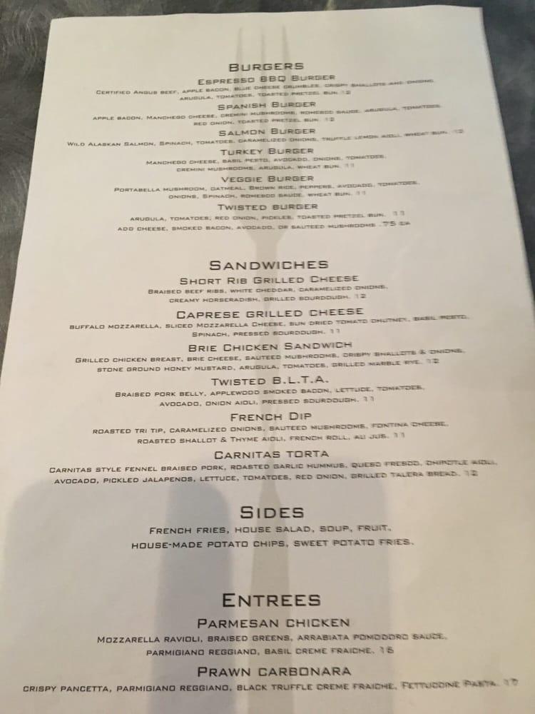 Menu at The Twisted Fork restaurant, Reno